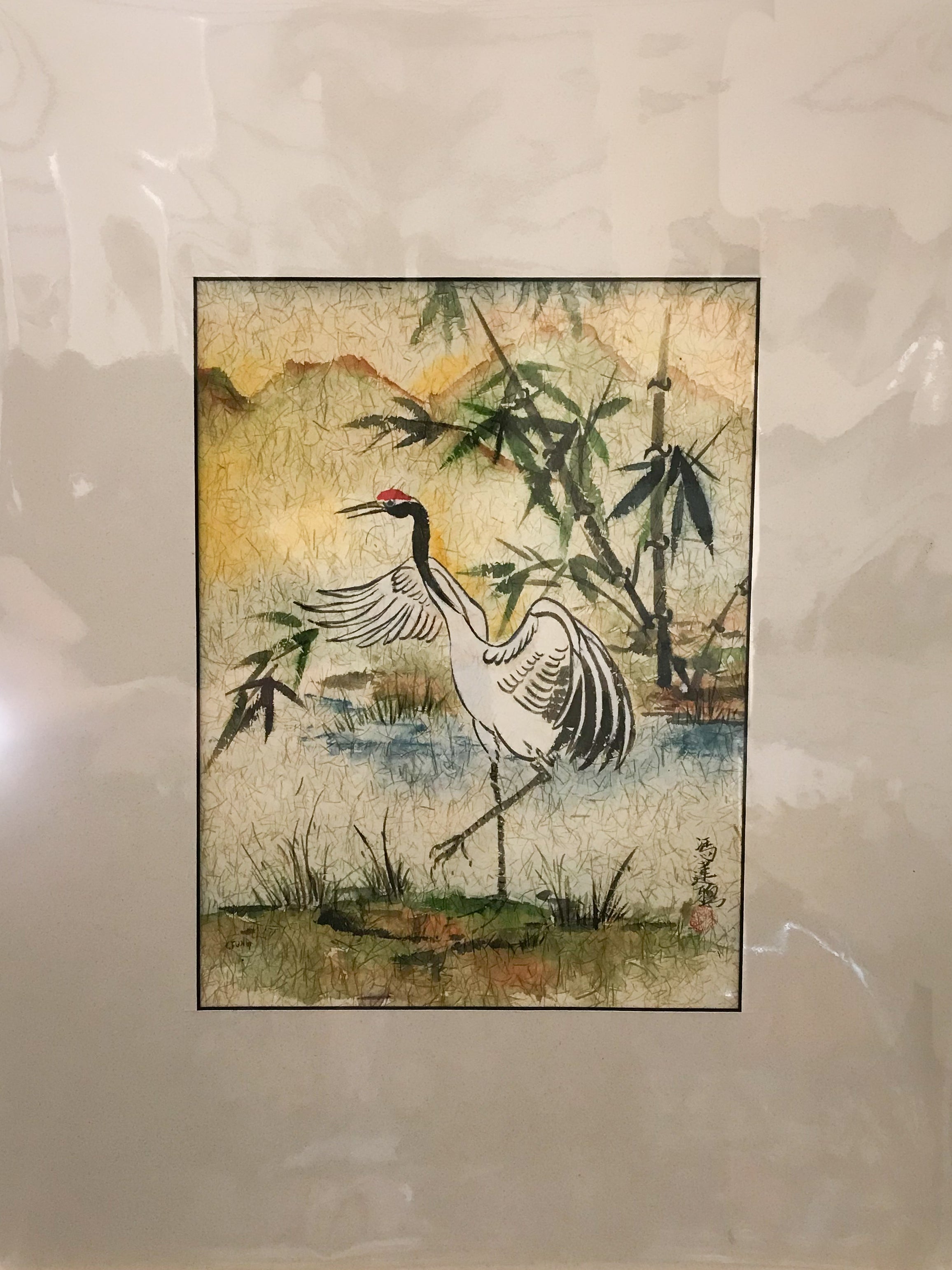 C. Fung Crane About to Fly with Bamboo Print