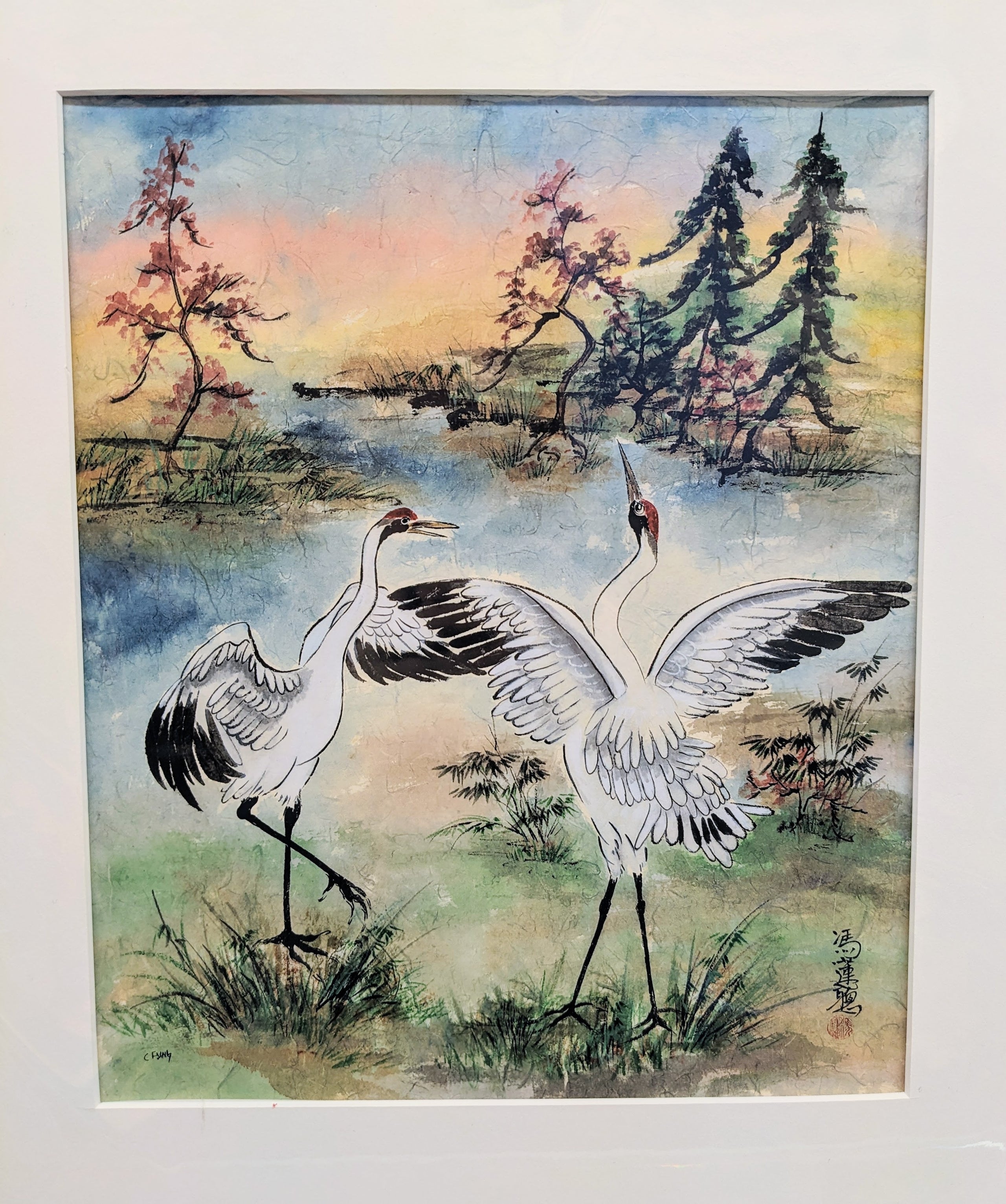 C Fung 2 Cranes Cherry and Pine Trees 14 X 16 Print