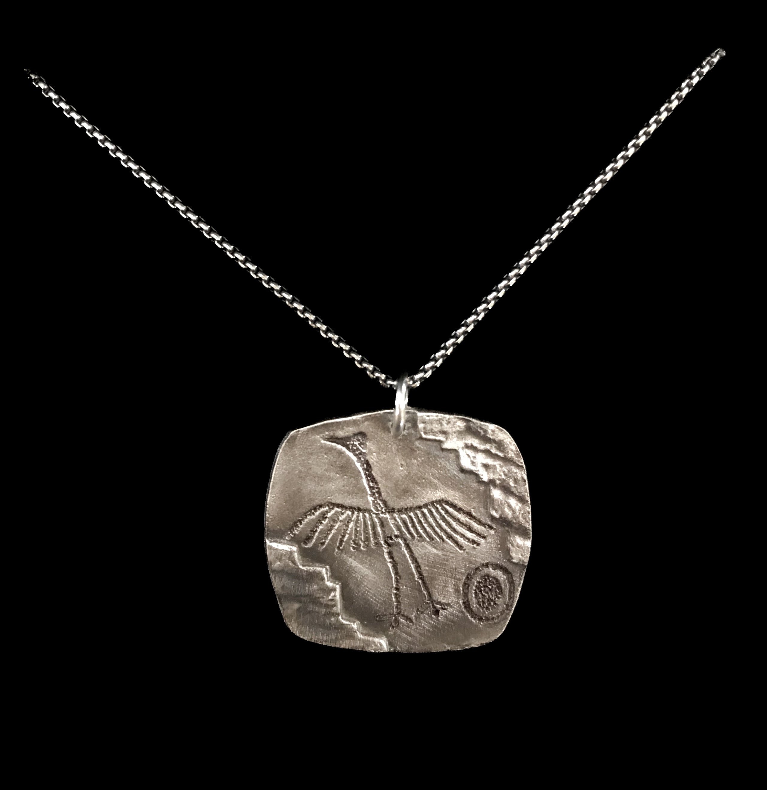 Fine Silver Big Crane Petroglyph Pendant